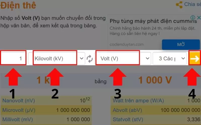 1 kV bằng bao nhiêu V? Đổi 1kV sang MV, V uV, mV