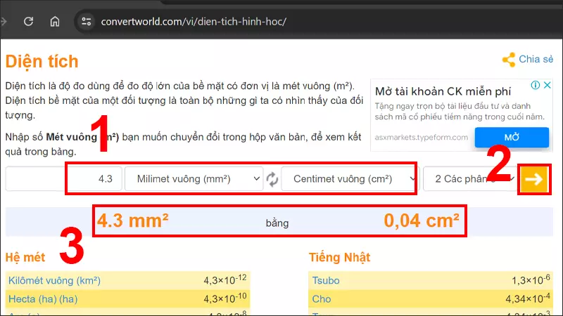 1mm2 bằng bao nhiêu cm2, m2, ha? Chuyển đổi mm2 sang cm2