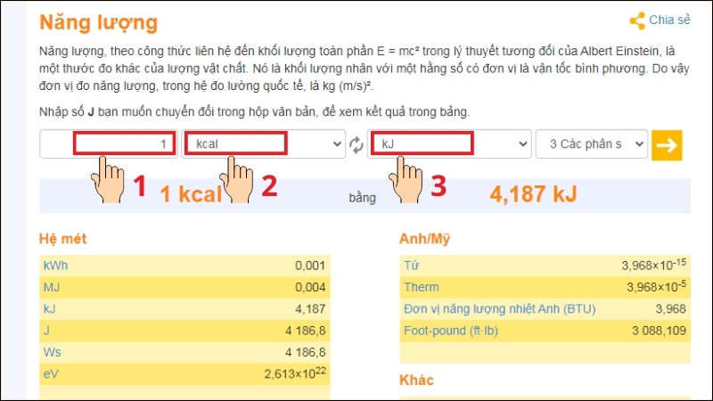 Cách quy đổi kcal sang kJ, kWh, J, eV đơn giản bằng công cụ – DINHNGHIA ...