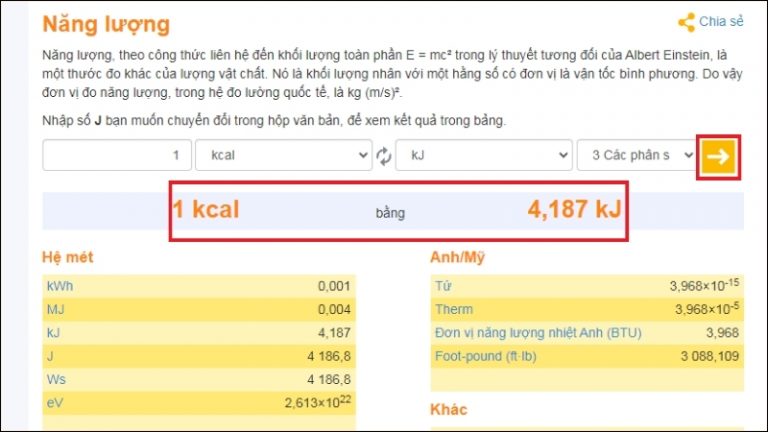 Cách quy đổi kcal sang kJ, kWh, J, eV đơn giản bằng công cụ – DINHNGHIA ...